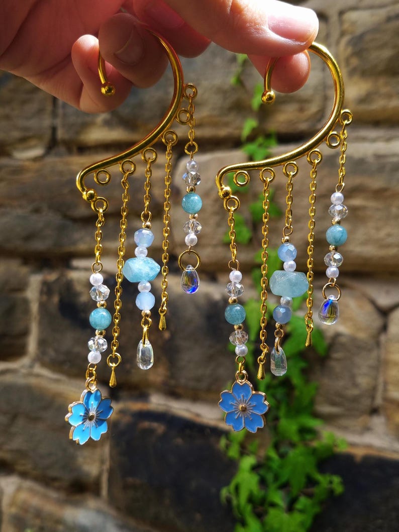 Aquamarine Flower Ear Cuff, No Piercing Dangle Earring, Blue Floral ...