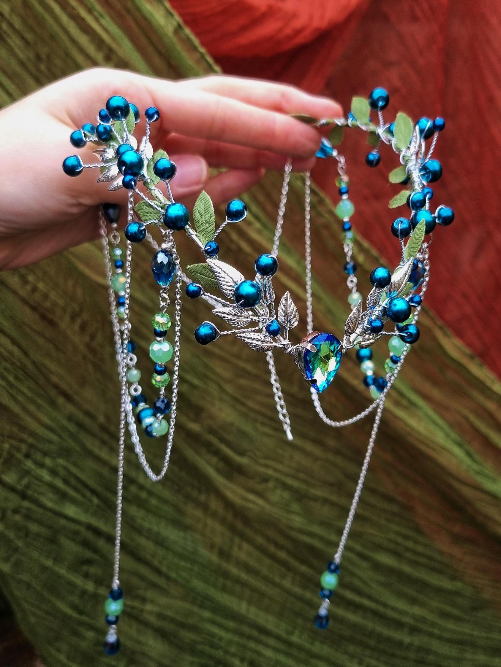 Blue Pearls Elven Tiara, Blueberry Fairy Crown, Fantasy Wedding ...