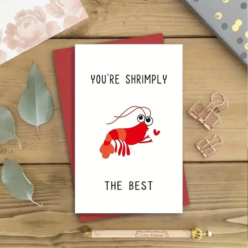 You're Shrimply the Best Shrimp Theme Love Card 5.9 X 3.93 in With Red ...
