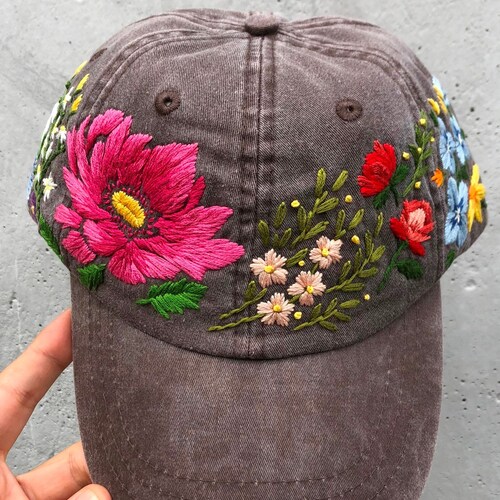 Hand Embroidered Hat Green Floral Embroidery Baseball Cap - Etsy
