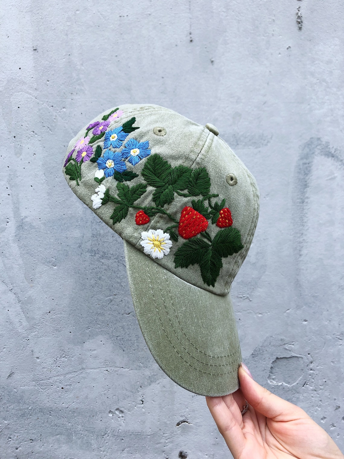 Embroidered hat with hand embroidered strawberry and | Etsy