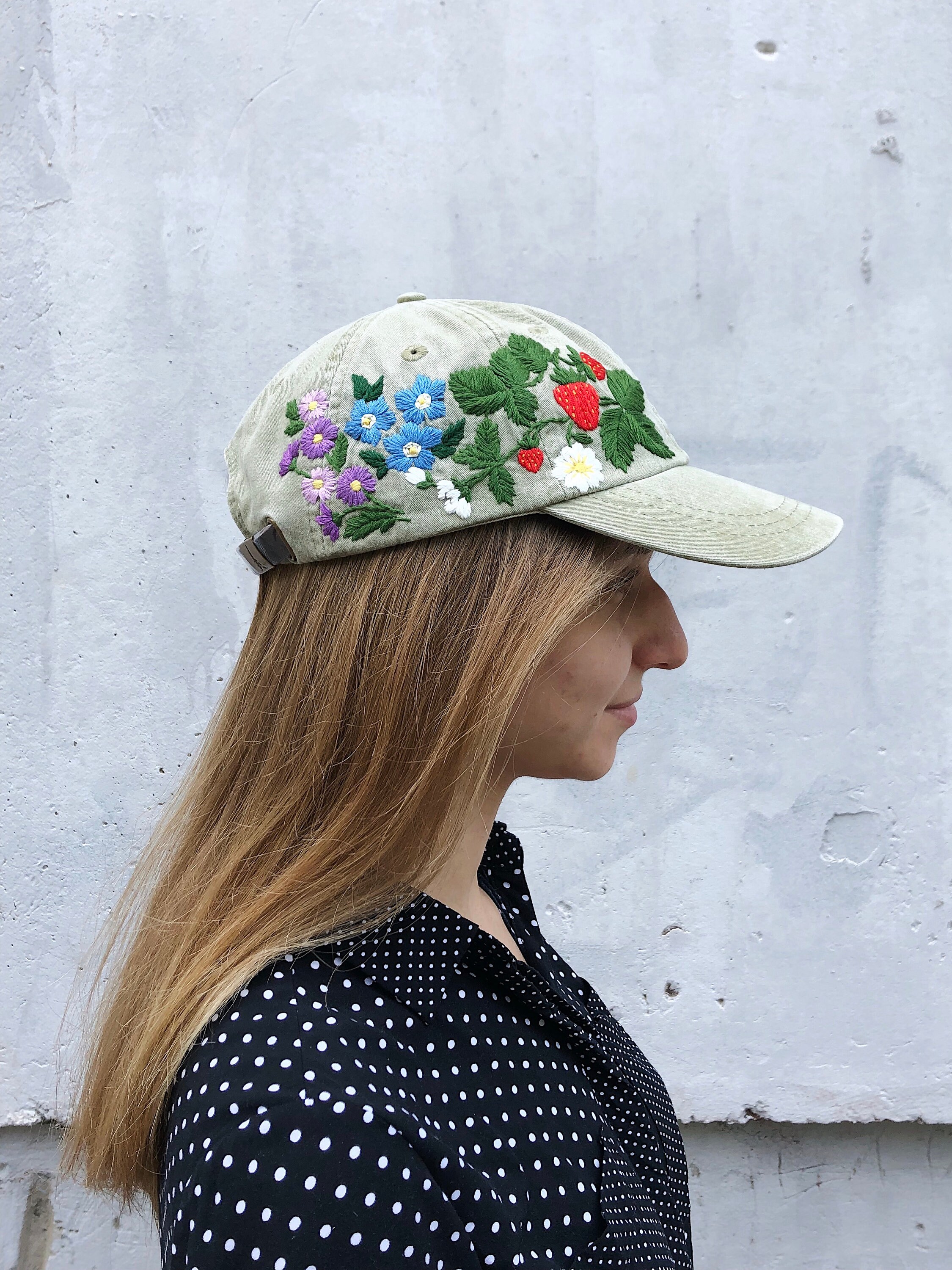 Embroidered hat with hand embroidered strawberry and | Etsy