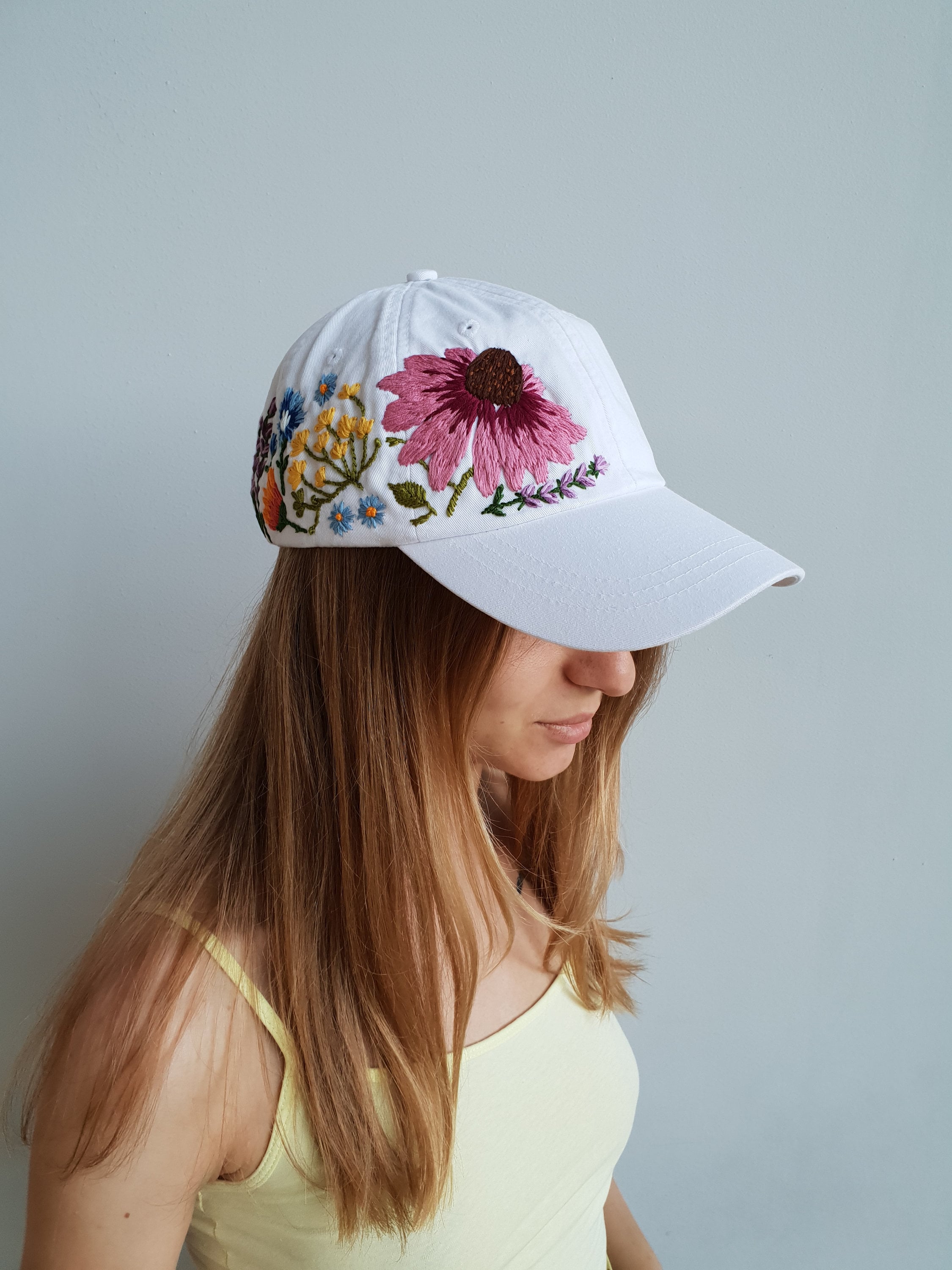 Hand Embroidered Hat / White Hat / Embroidered Flowers / | Etsy