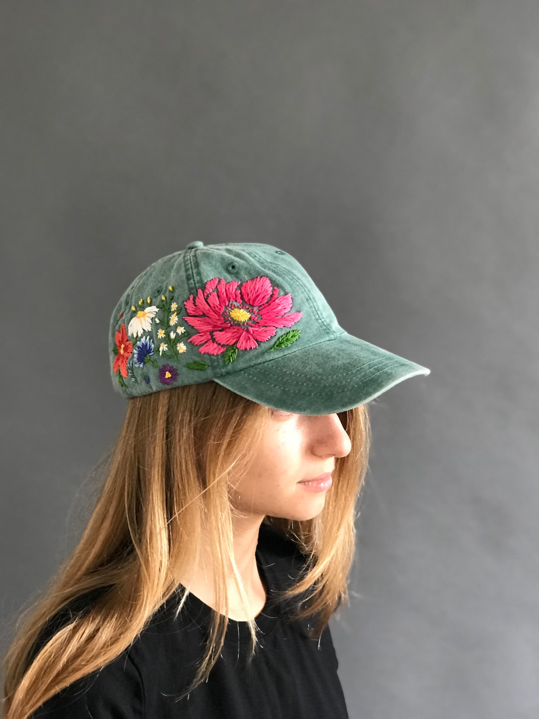 Hand Embroidered Baseball Hat for Women Custom Embroidered Flowers ...