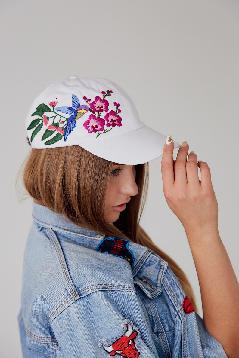 Embroidered White Baseball Hat With Embroidered Hummingbird - Etsy