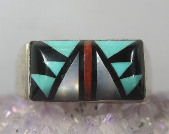 Sam Begay Navajo Multi Stone Inlay Ring Size 12.5 Vintage Sterling Silver Jewelry Etsy