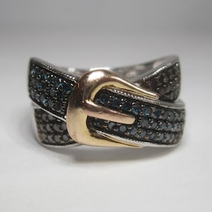 Black and Blue Diamond Belt Buckle Ring Size 7 Vintage Sterling Silver ...