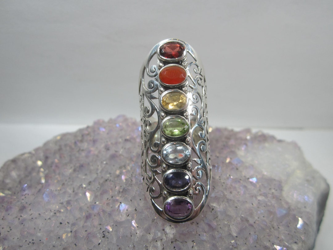 7 Chakras Gemstone Ring Size 7 Vintage Sterling Silver Jewelry - Etsy