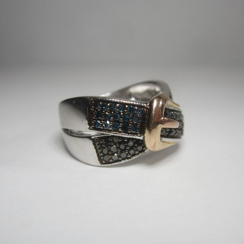 Black and Blue Diamond Belt Buckle Ring Size 7 Vintage Sterling Silver ...