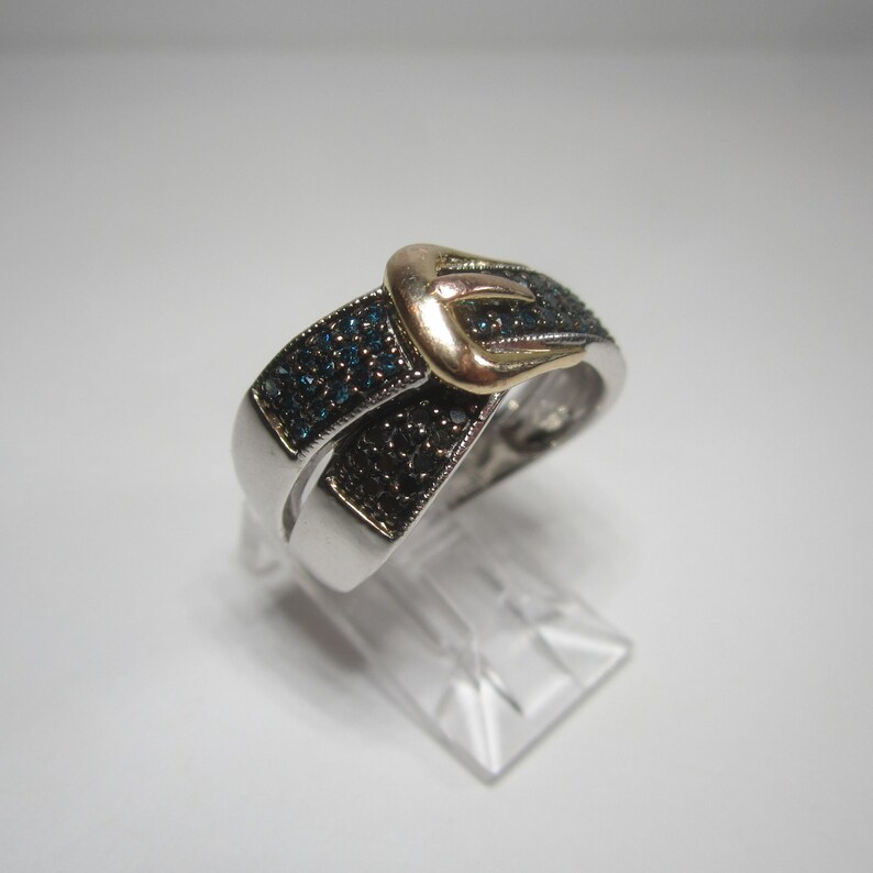 Black and Blue Diamond Belt Buckle Ring Size 7 Vintage Sterling Silver ...