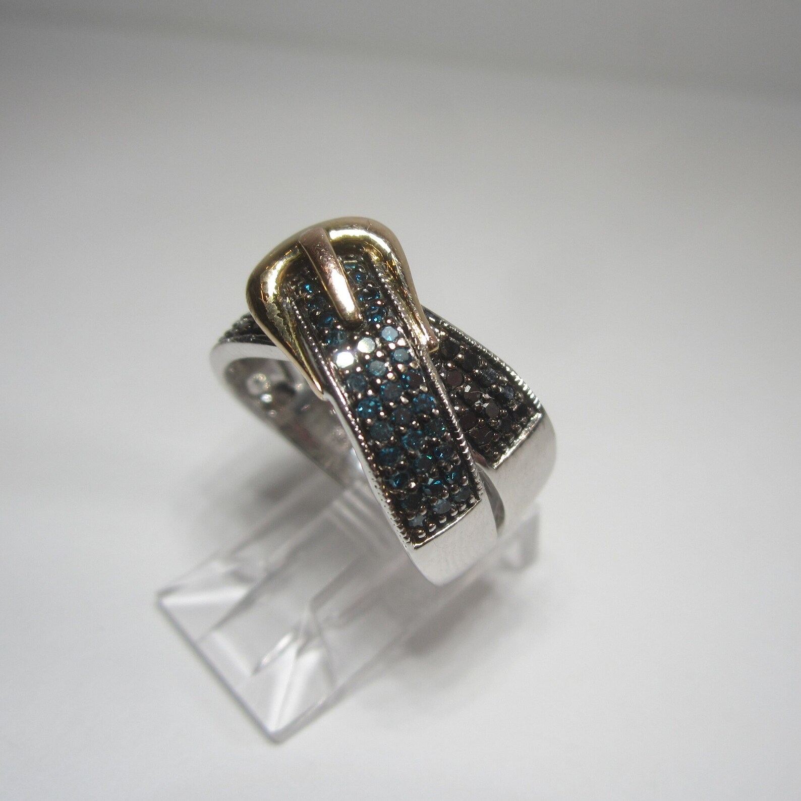Black and Blue Diamond Belt Buckle Ring Size 7 Vintage Sterling Silver ...