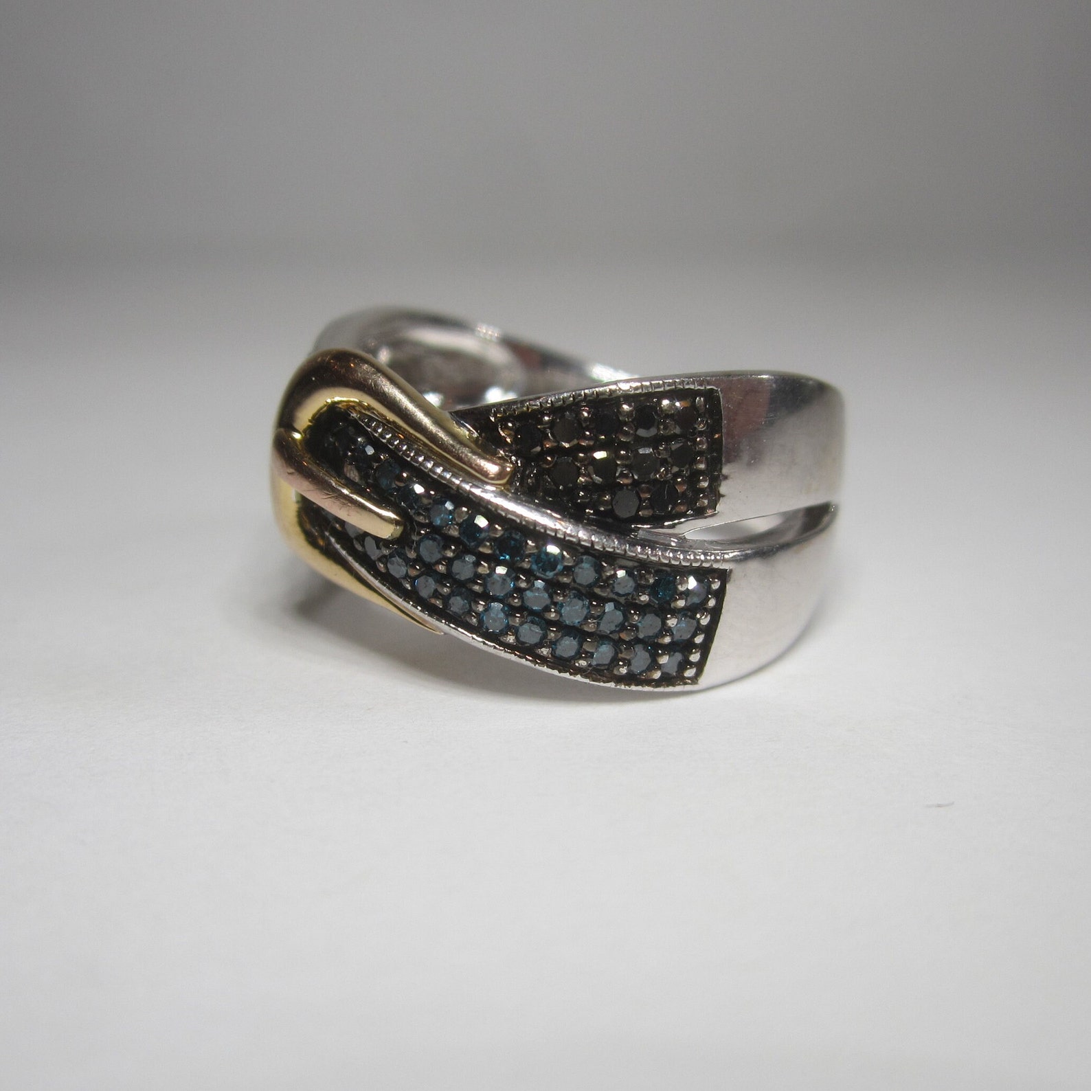 Black and Blue Diamond Belt Buckle Ring Size 7 Vintage Sterling Silver ...