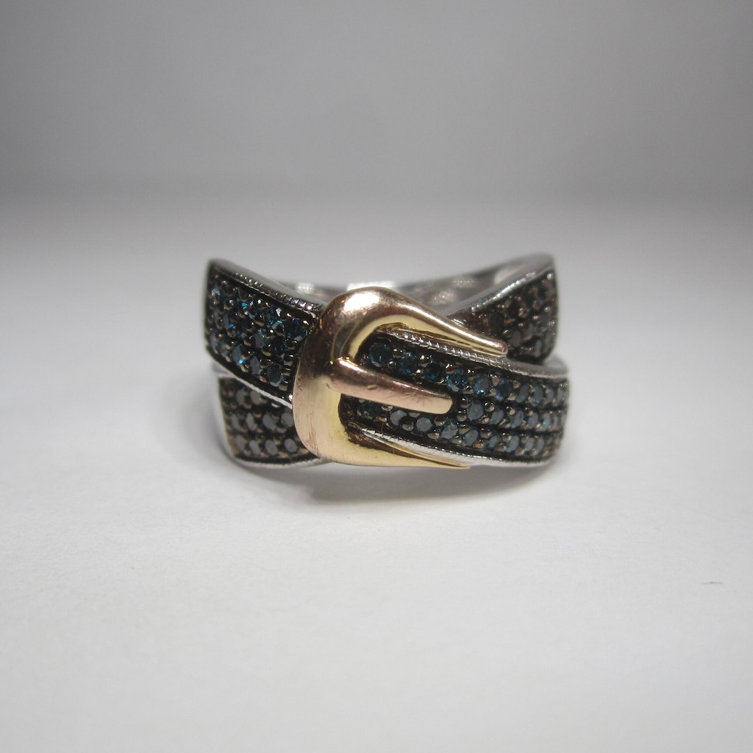 Black and Blue Diamond Belt Buckle Ring Size 7 Vintage Sterling Silver ...