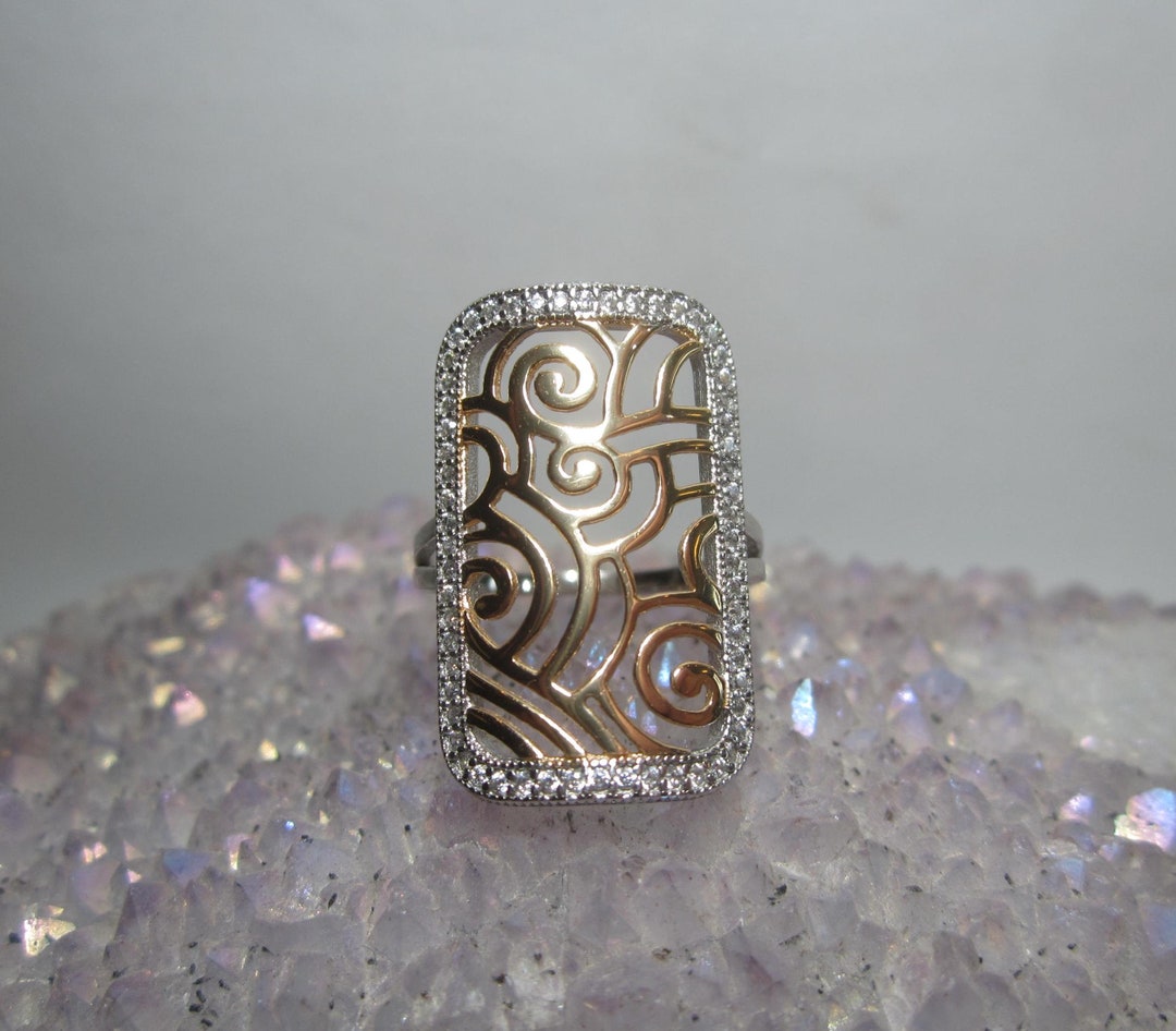 Sterling Silver Scroll Design Ring Size 7 With Gold Plated Top Vintage ...