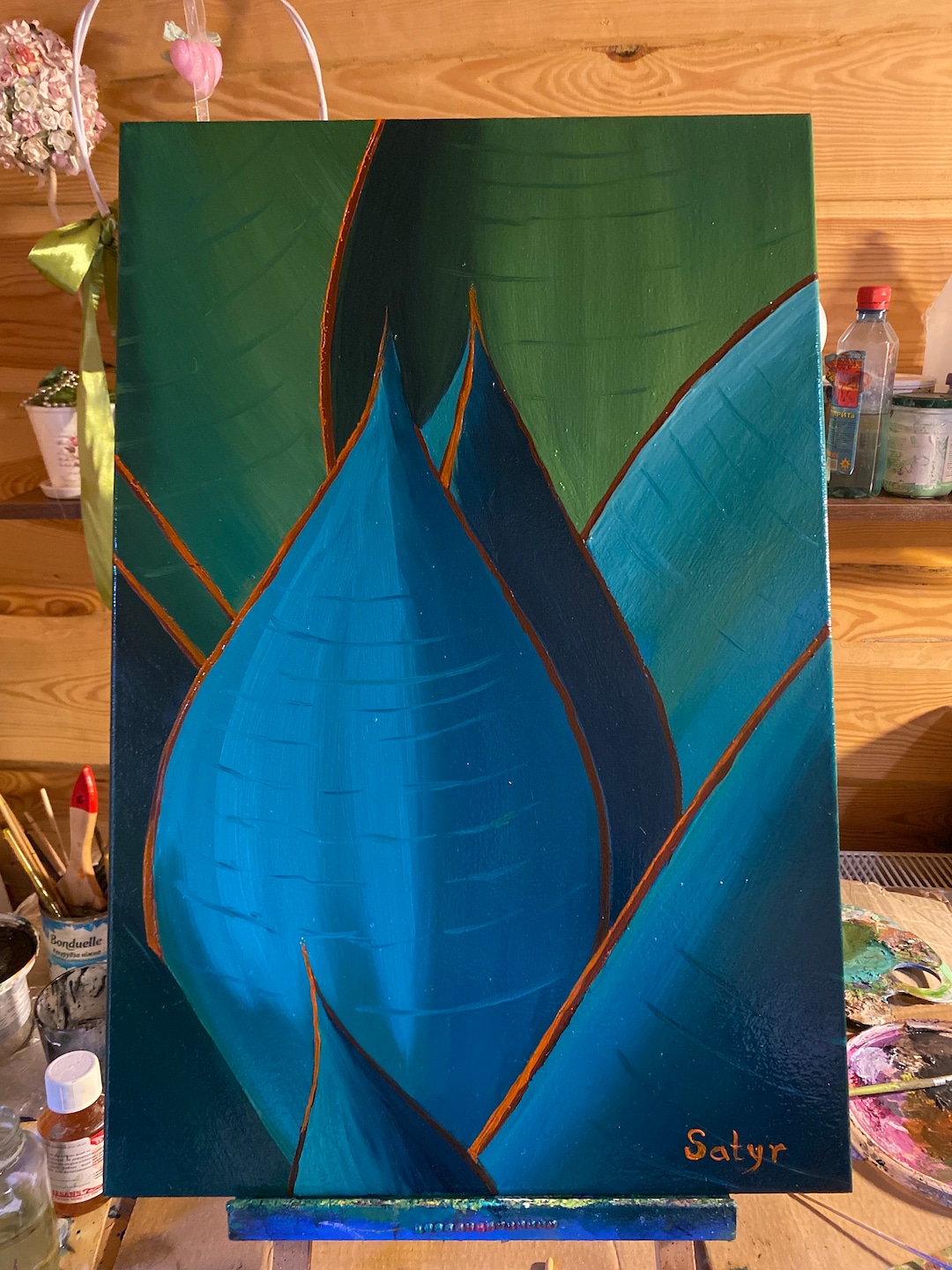 Handwork Original Oil Painting Cardboard Blue Bud Succulent Painting ...