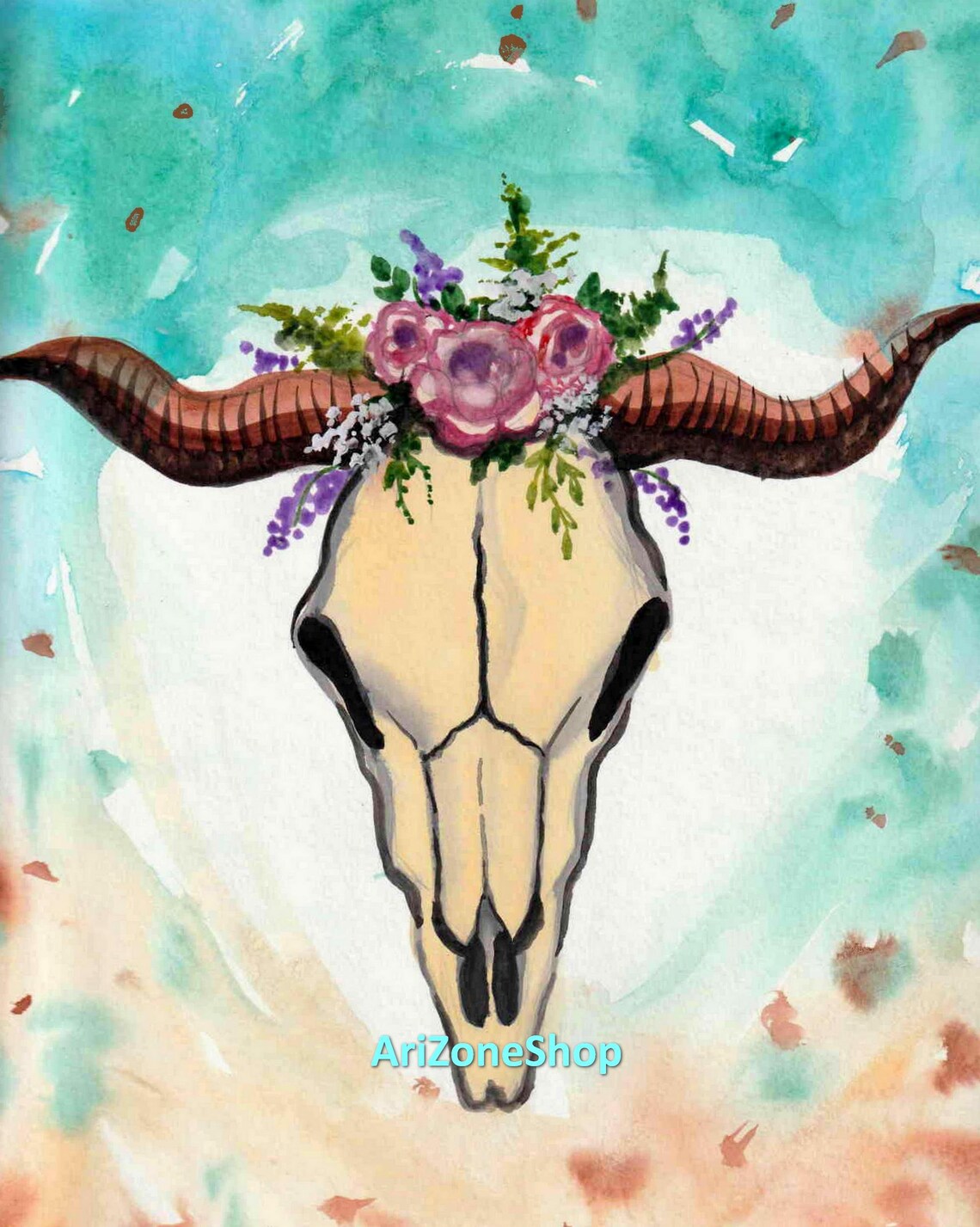 Cow Skull Printable Wall Art Wall Decor Boho Watercolor Aztec | Etsy