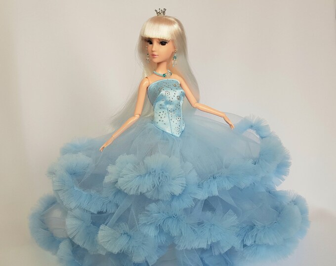 Princess With White Hair and Bangs, in a Lush and Long Blue Dress-cloud ...