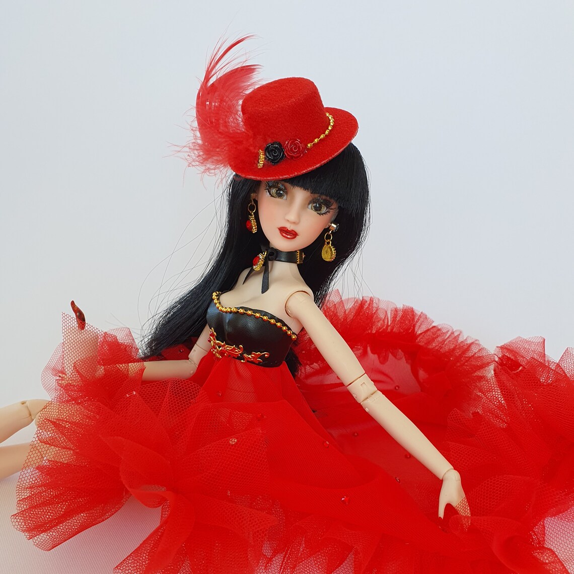 Moulin Rouge Doll Red Dress Feather Hat Yellow Eyes Black - Etsy