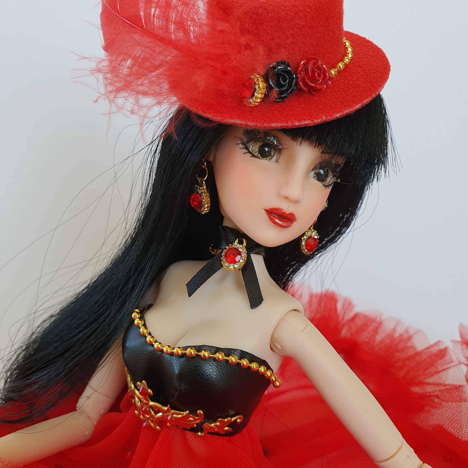 Moulin Rouge Doll Red Dress Feather Hat Yellow Eyes Black - Etsy