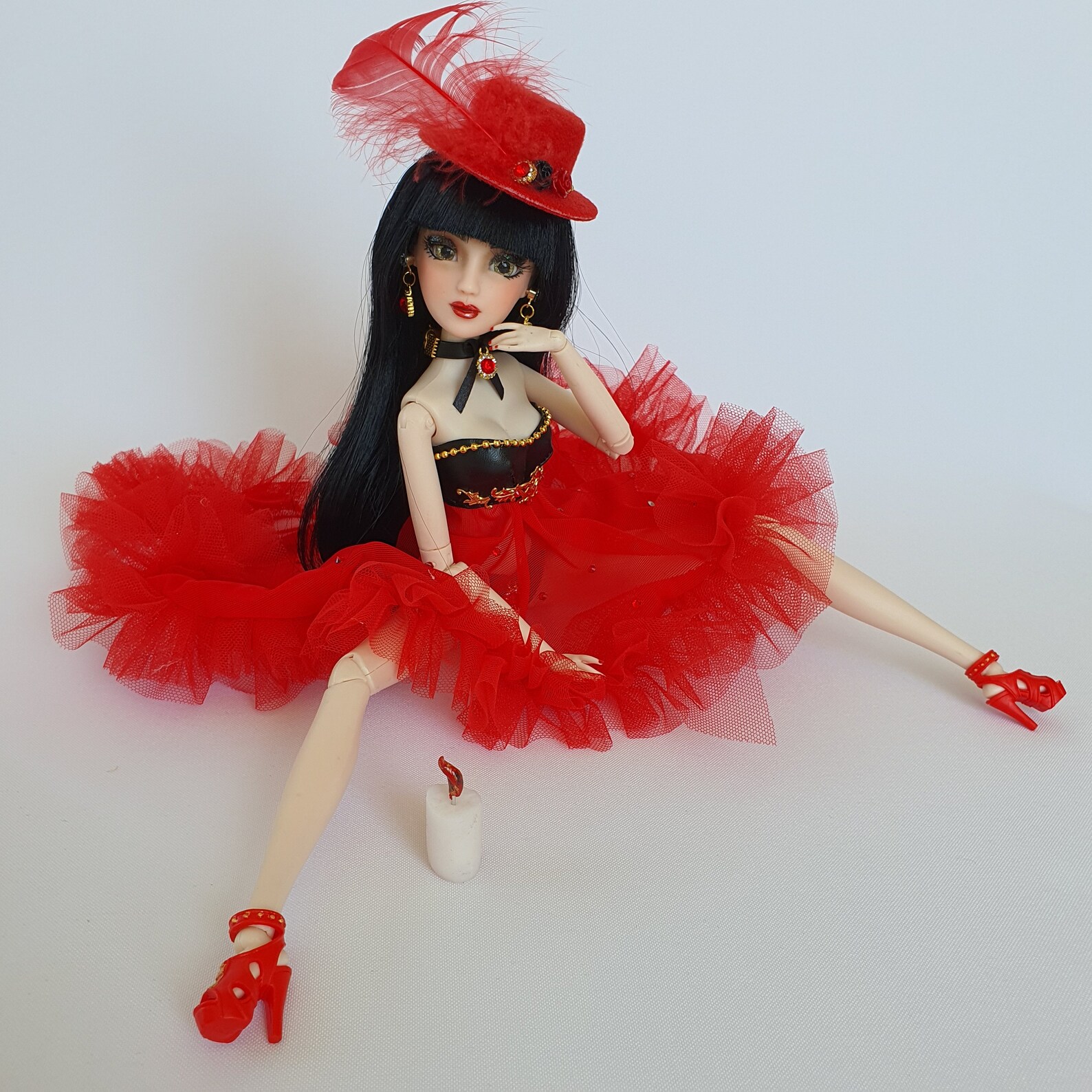 Moulin Rouge Doll Red Dress Feather Hat Yellow Eyes Black - Etsy