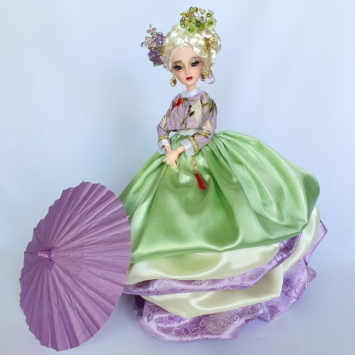 Korean Geisha Kisaeng White Hair Green With Lilac Hanbok - Etsy