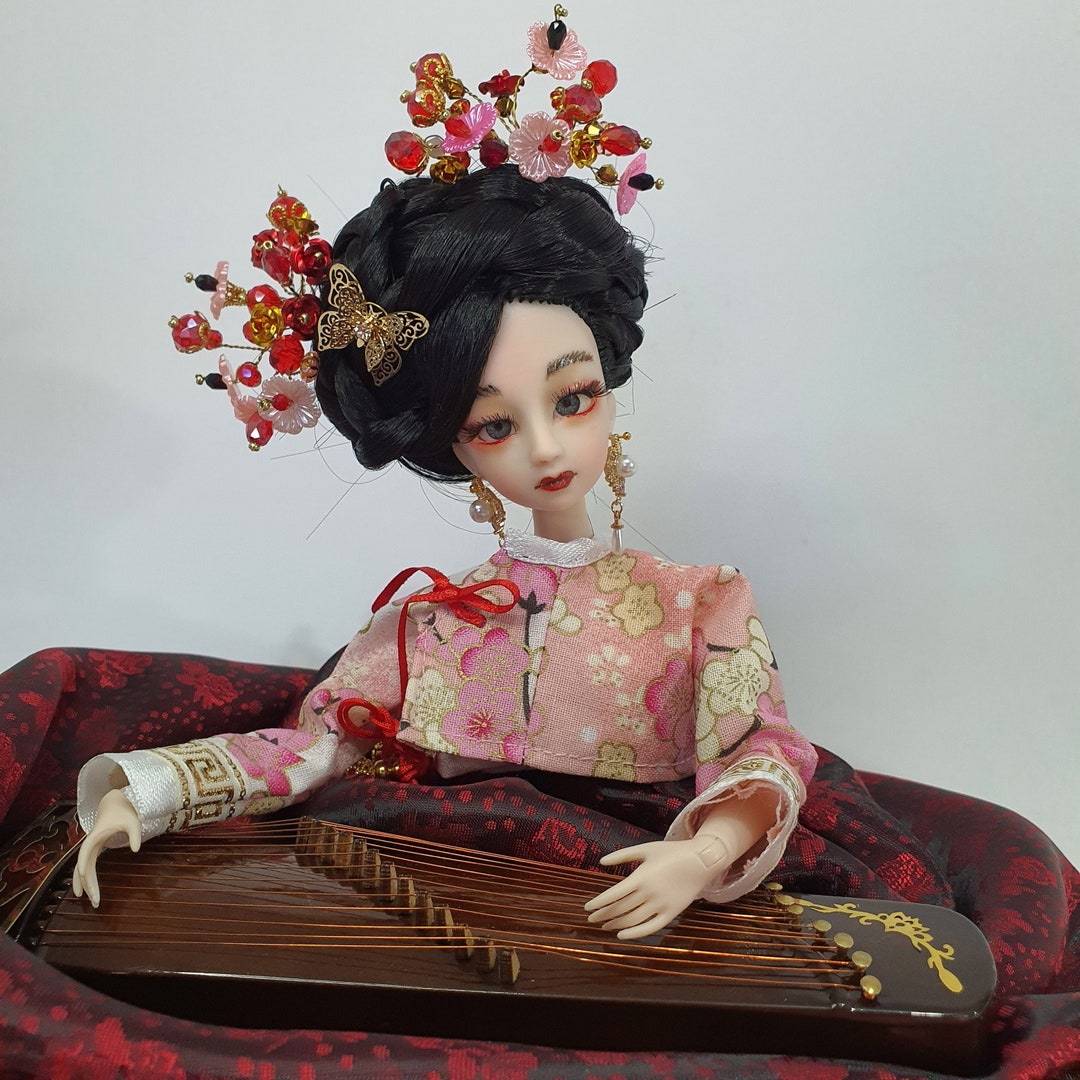 Korean Kisaeng Geisha Asian Doll Pink Hanbok Flower Butterfly Hairpins ...