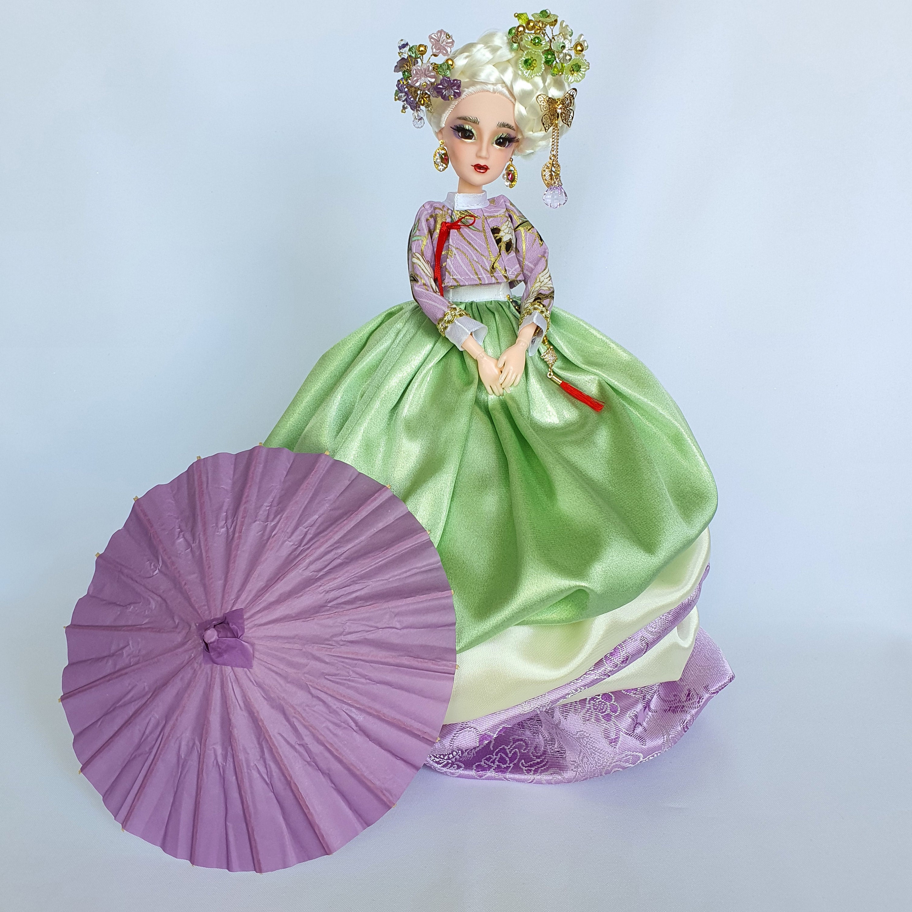 Korean Geisha Kisaeng White Hair Green With Lilac Hanbok - Etsy