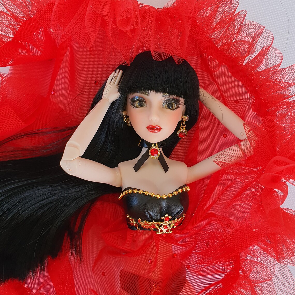 Moulin Rouge Doll Red Dress Feather Hat Yellow Eyes Black - Etsy