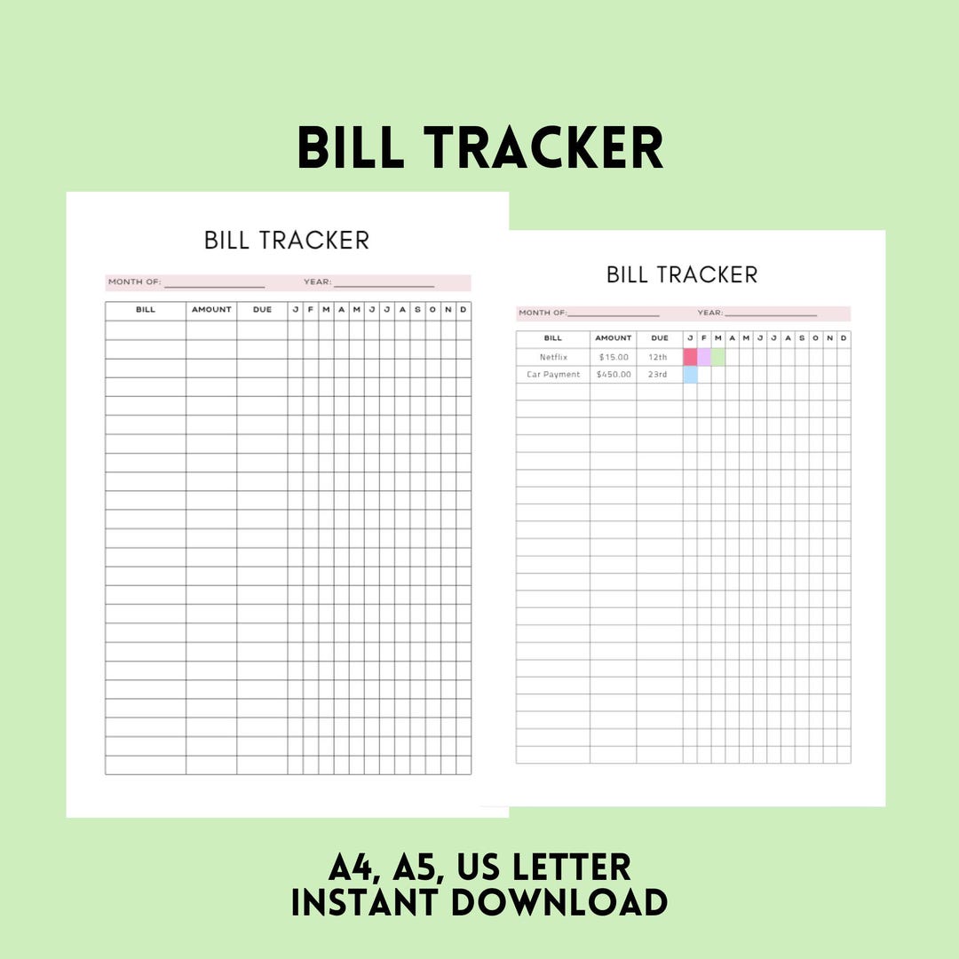 Bill Tracker Printable PDF | Monthly Bill Payment Log | A4, A5, US ...