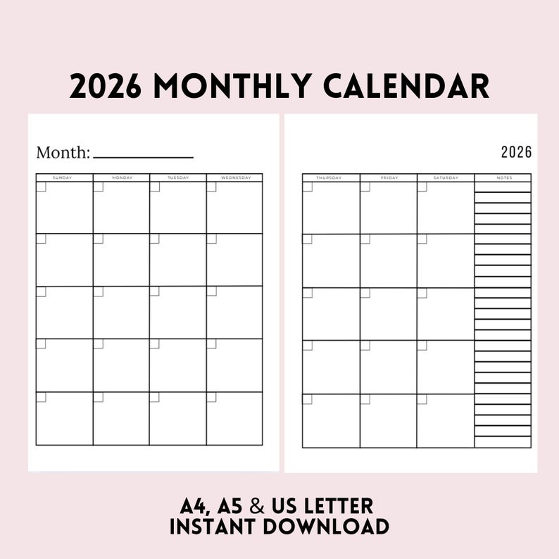 2026 Monthly Calendar Planner | Two Pages | Fillable Month and Date ...
