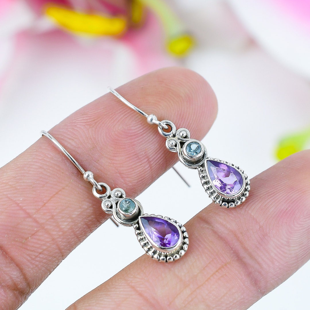Genuine Amethyst Earrings in Sterling Silver 925, Purple Stone Teardrop ...