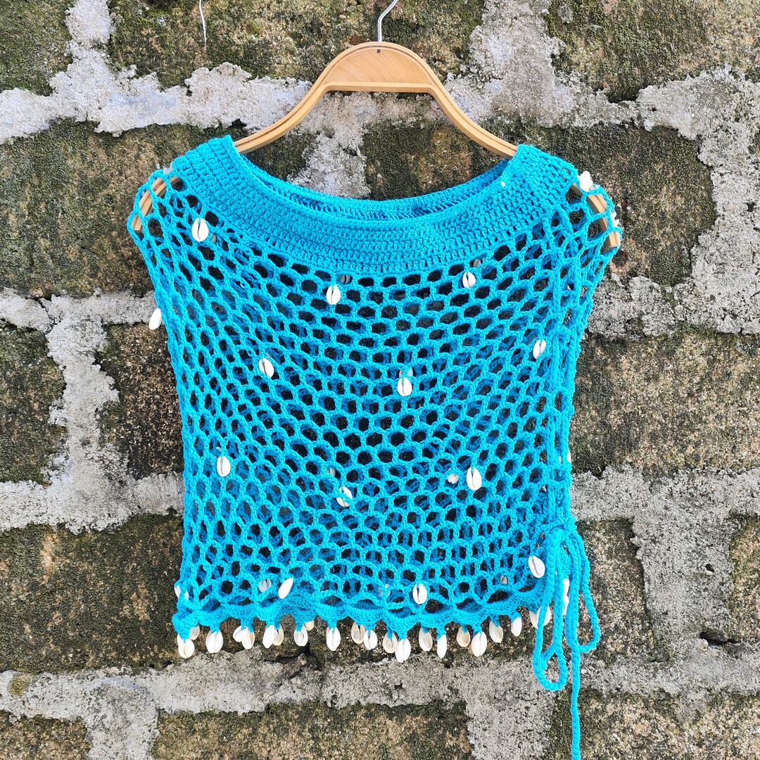 Handmade Blue Mesh Skirt With Natural Shells, Crochet Beach Skirt ...