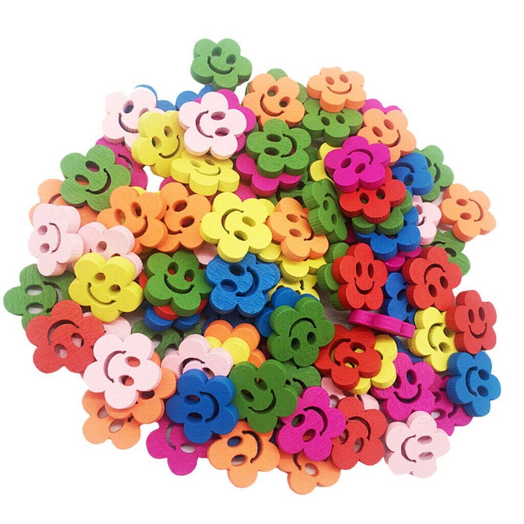 Madera Sonriente Cara de color feliz Botones de flores brillantes ...