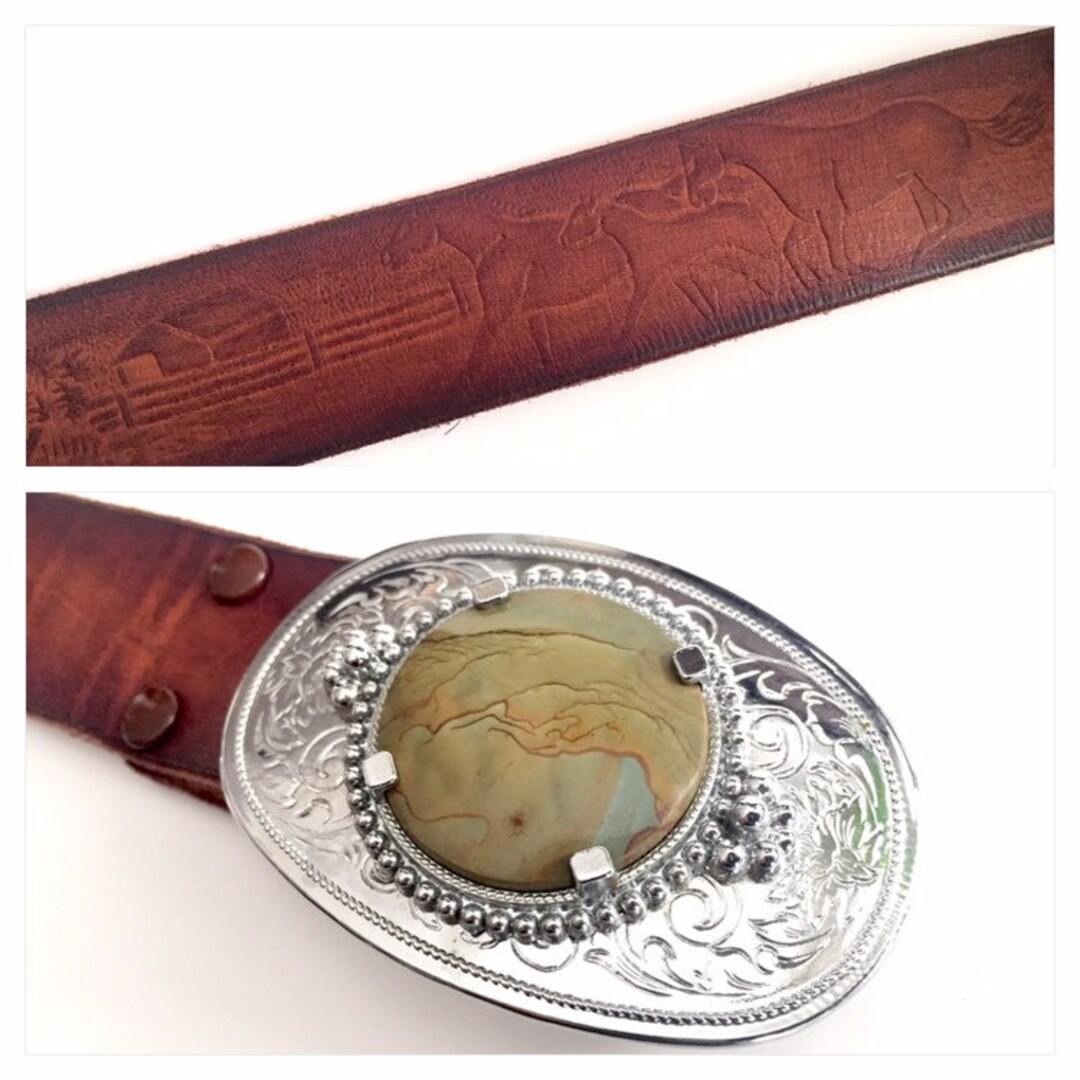 Tooled Leather Belt With Real Agate Stone Belt Buckle - Western Cowboy ...