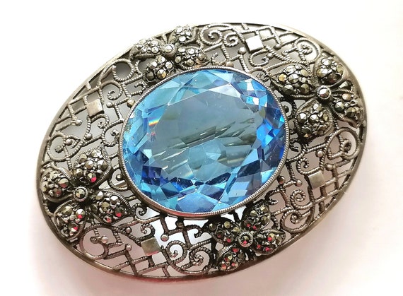 Antique Jugendstil Silver Blue Topaz Brooch with mark… - Gem