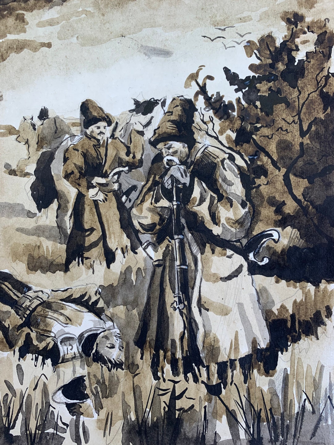 Watercolor Painting Aftermath of the War Alexander Arkadievich Litvinov ...