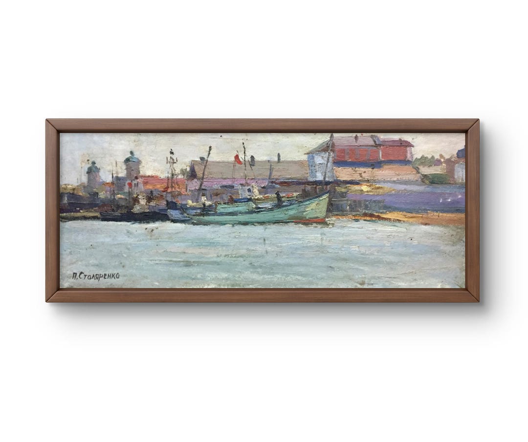 Oil Painting Landscape Original, Oil Painting on Cardboard, Harbor With ...
