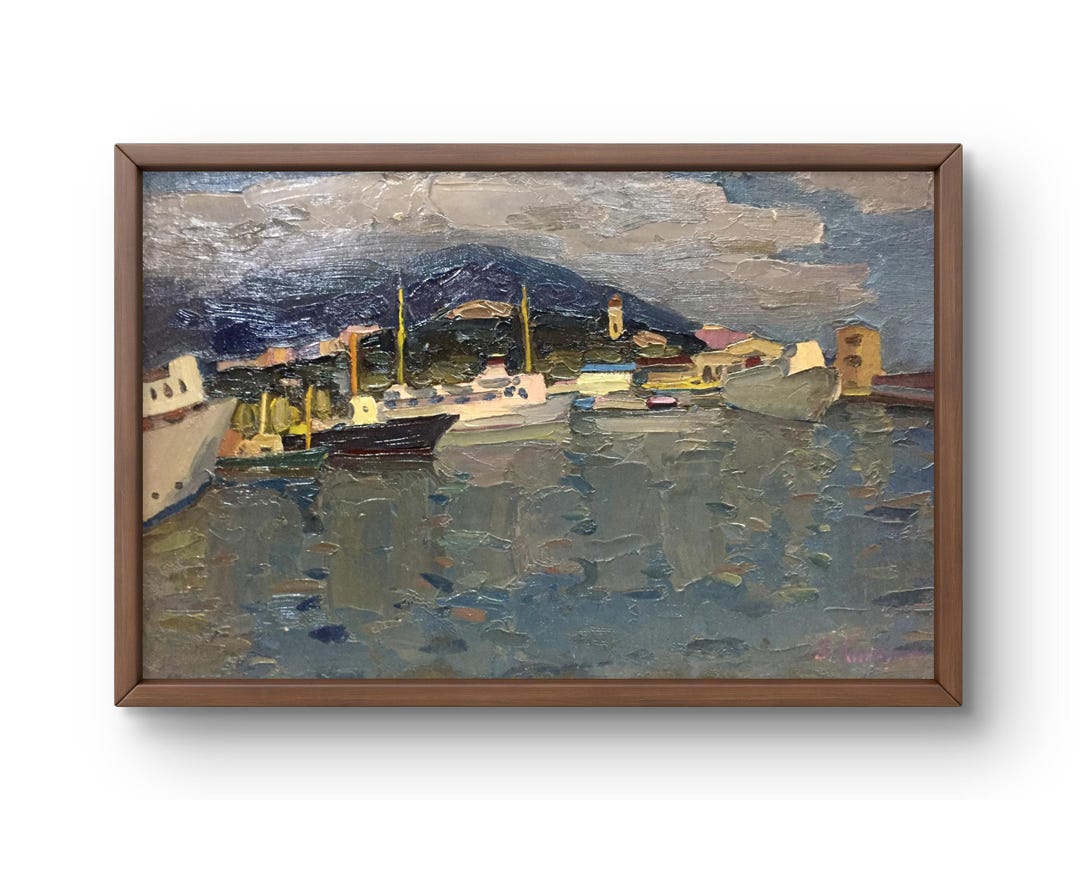 Original Harbor Oil Painting on Cardboard: Seascape Wall Art (15.35x23 ...