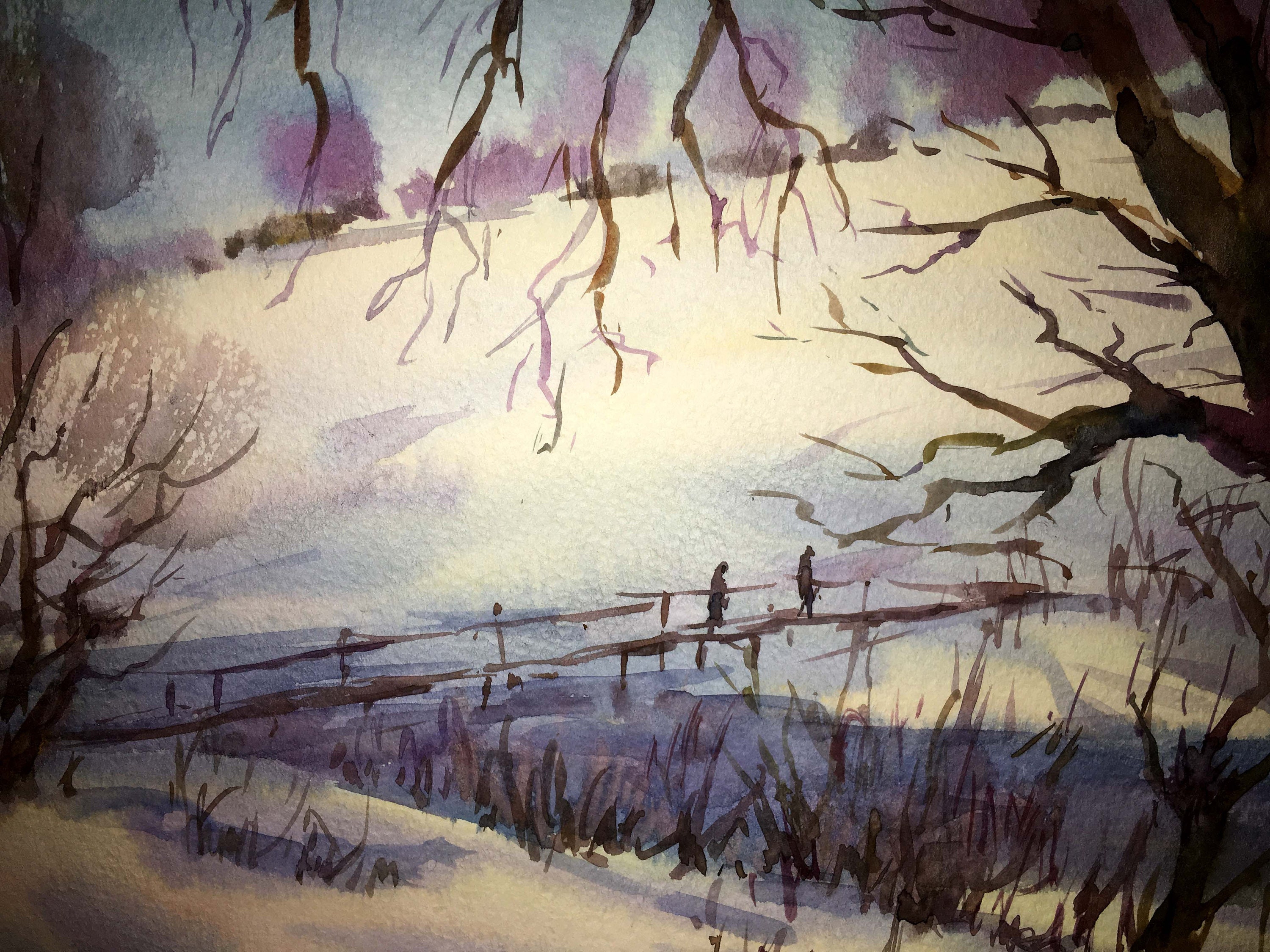 Winter landscape watercolor painting Viktor Mikhailichenko | Etsy