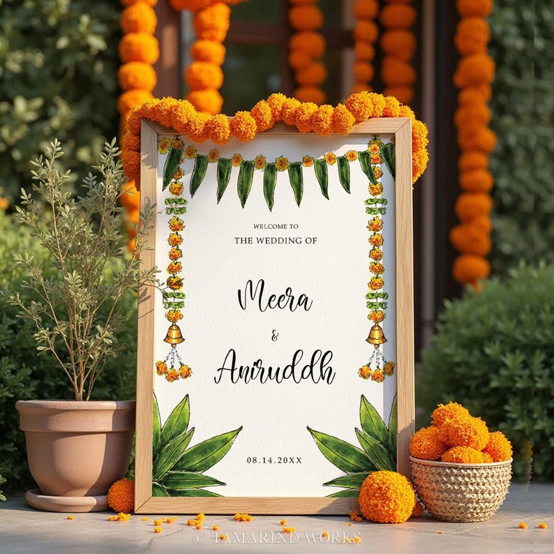 Marigold Indian Wedding Welcome Sign Template, Watercolor Hindu ...