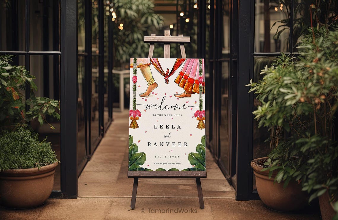 Phera Hindu Wedding Welcome Sign Template, Watercolor Indian Editable ...