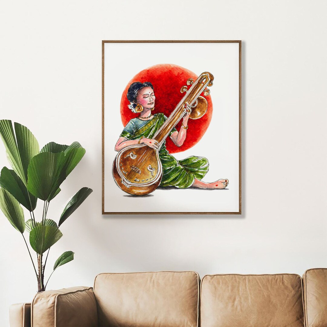 Indian Woman Veena Art, Sitar Player Print Poster, Indian Art Music ...