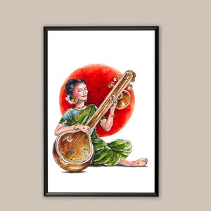 Indian Woman Veena Art, Sitar Player Print Poster, Indian Art Music ...