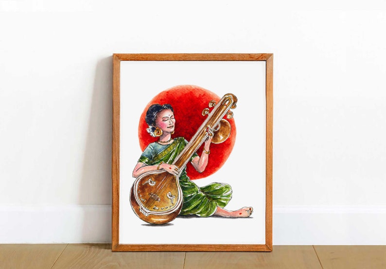 Indian Woman Veena Art, Sitar Player Print Poster, Indian Art Music ...