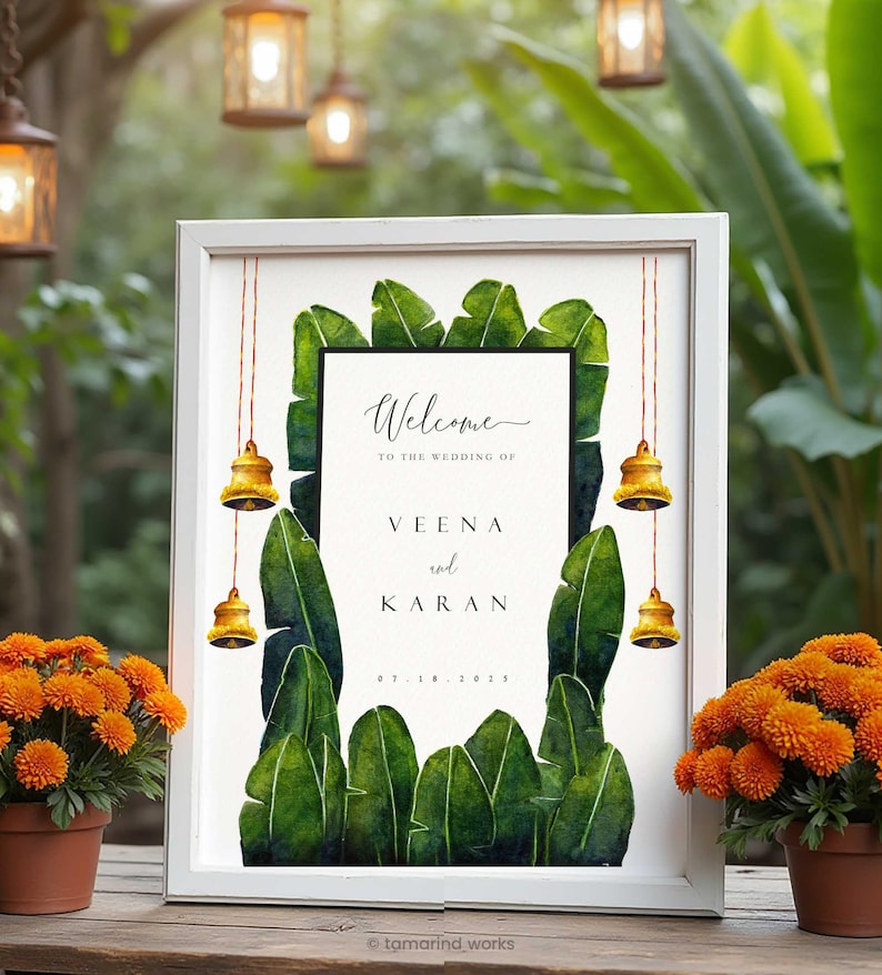 South Indian Wedding Welcome Sign Template, Banana Leaves Watercolor ...