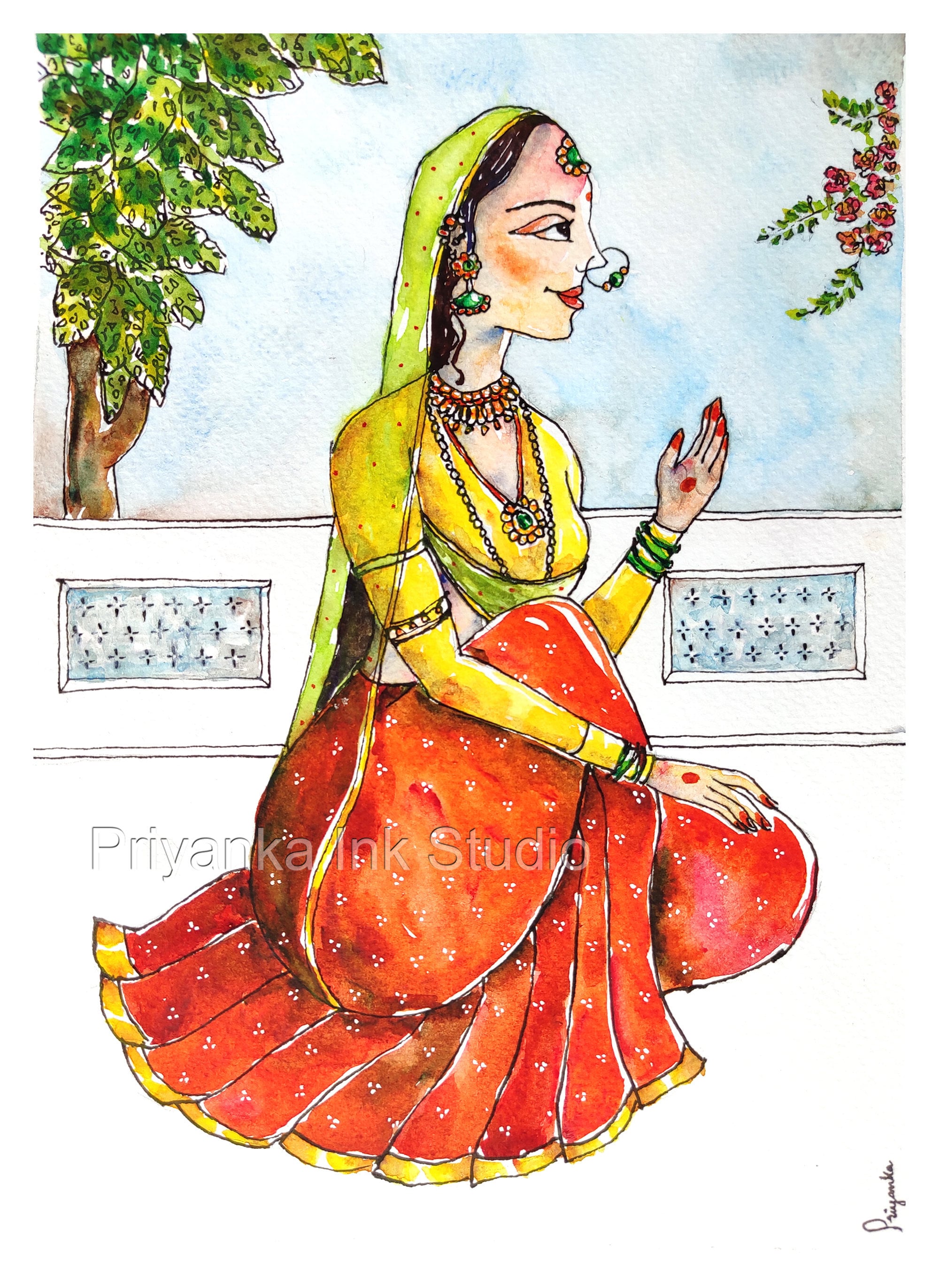 Rani Indian Painting Wall Art Print Watercolor Painting | Etsy