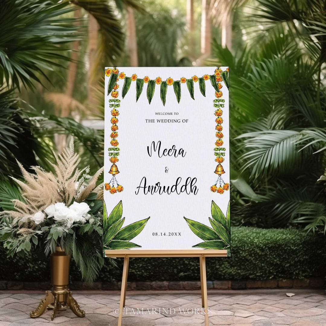 Marigold Hindu Wedding Welcome Sign Template, Watercolor Indian ...