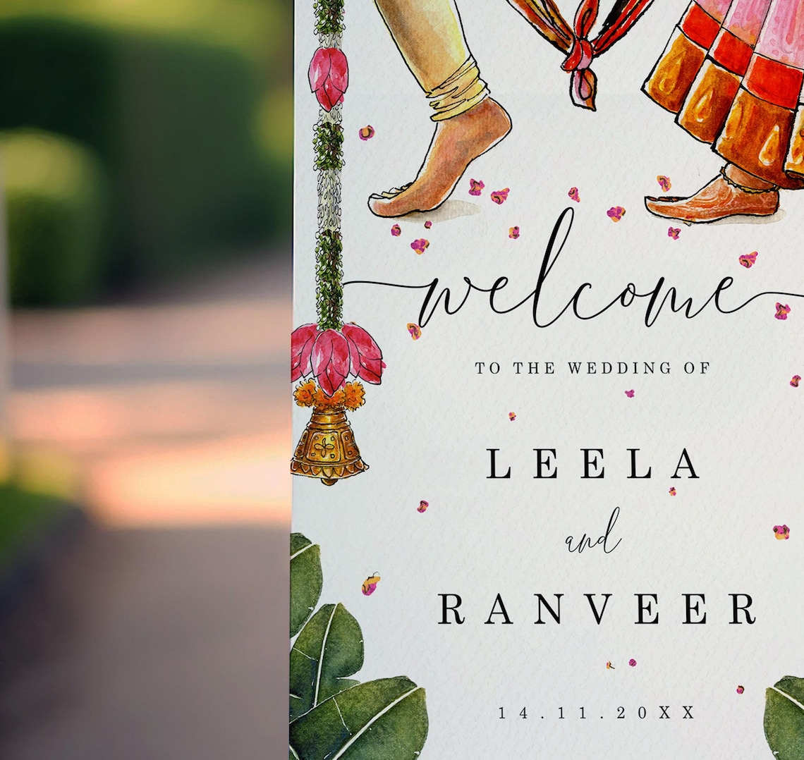 Phera Hindu Wedding Welcome Sign Template, Watercolor Indian Editable ...