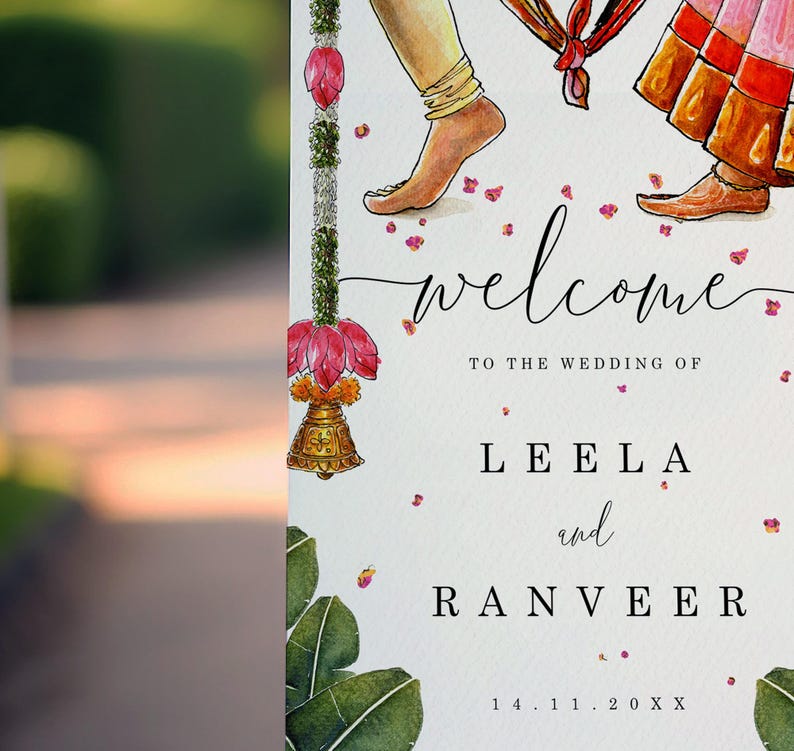 Phera Hindu Wedding Welcome Sign Template, Watercolor Indian Editable ...