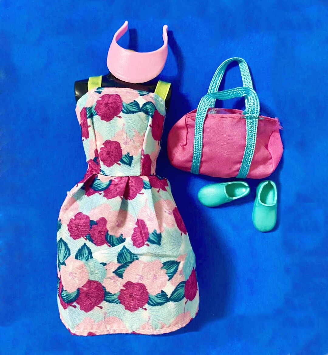 Barbie Doll Pink and Aqua Sundress With Duffle Bag, Shoes and Visor - Etsy
